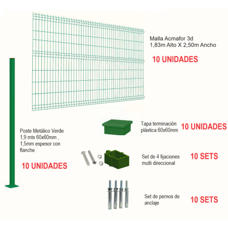 10 Kits Reja Malla Acmafor 3d 1830x2500mm con Poste Verde 1900mm
